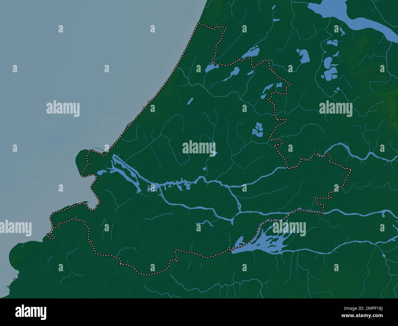 Zuid-Holland, province of Netherlands. Colored elevation map with lakes ...