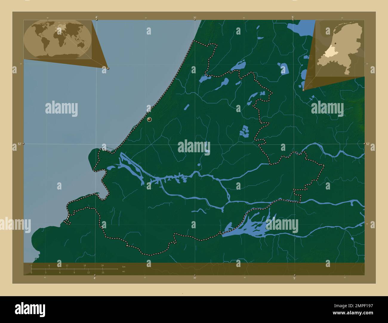 Zuid-Holland, province of Netherlands. Colored elevation map with lakes ...