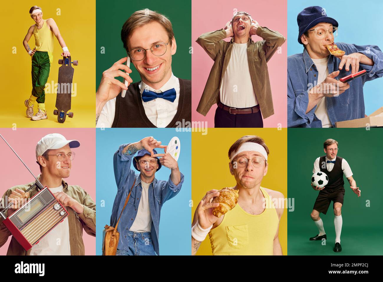 Collage. Young emotive man in different clothes, showing various ...