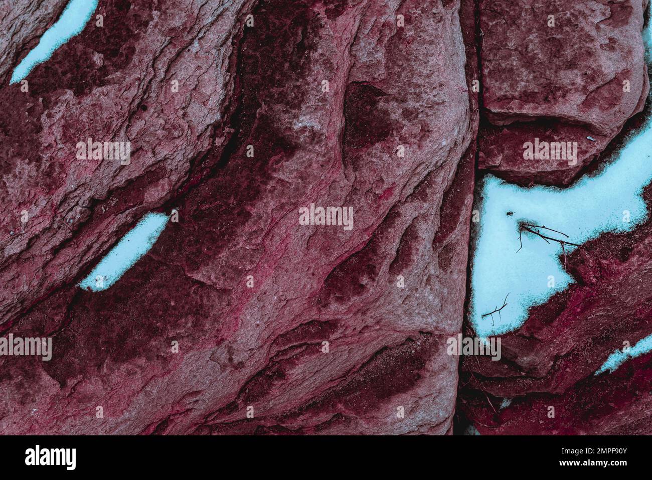 Abstract photo in bright colors in cyberpunk style of stone cliff with ...