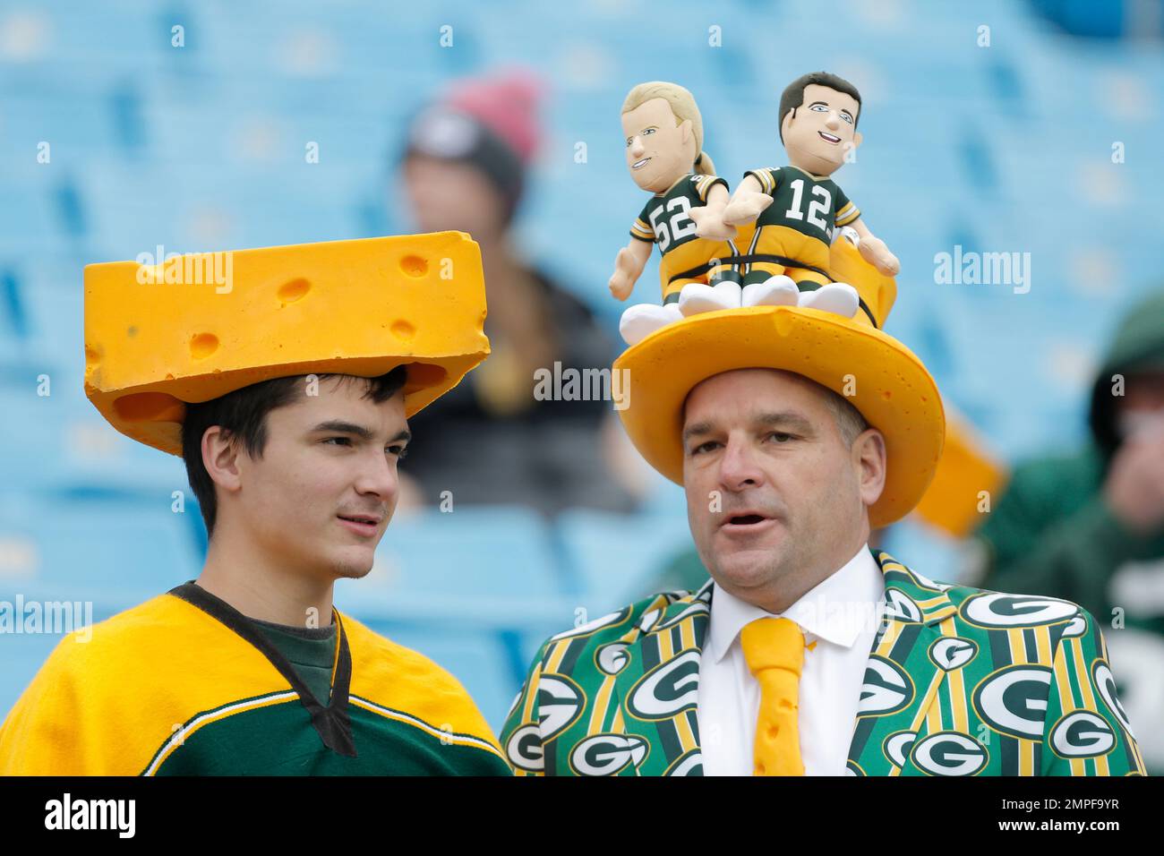 Green Bay Packers fans watch teams warm up before an NFL football game ...
