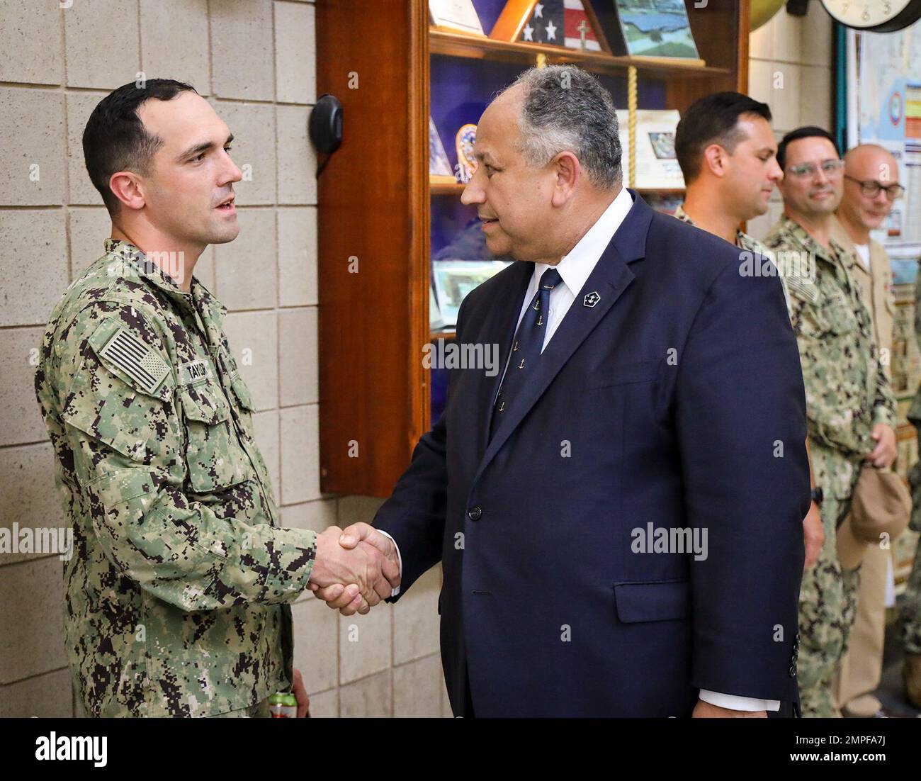 Secretary of the Navy Carlos Del Toro speaks with Sailors during a tour ...