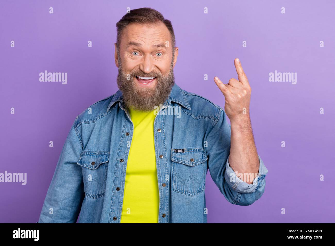Photo of cheerful positive person toothy smile hand fingers show heavy ...