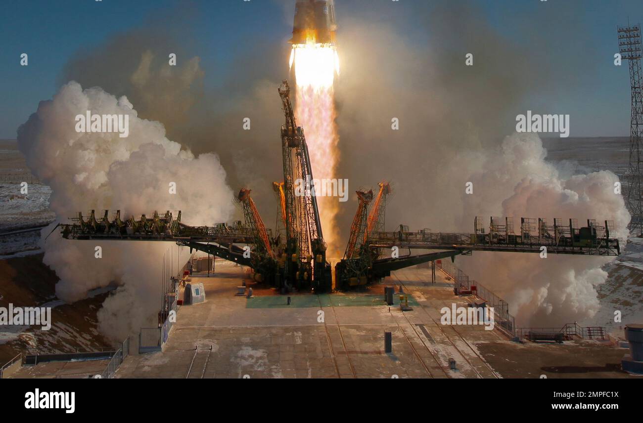 The Soyuz-FG rocket booster with Soyuz MS-07 space ship carrying a new ...