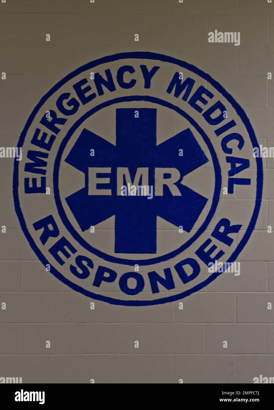An emergency medical responder sign is displayed on a wall at the Louis ...