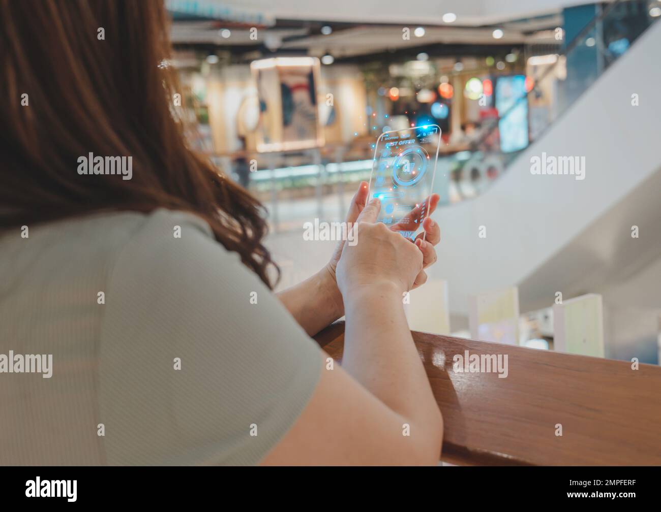 Woman using Info graphics shopping online icons on mobile smart phone e ...