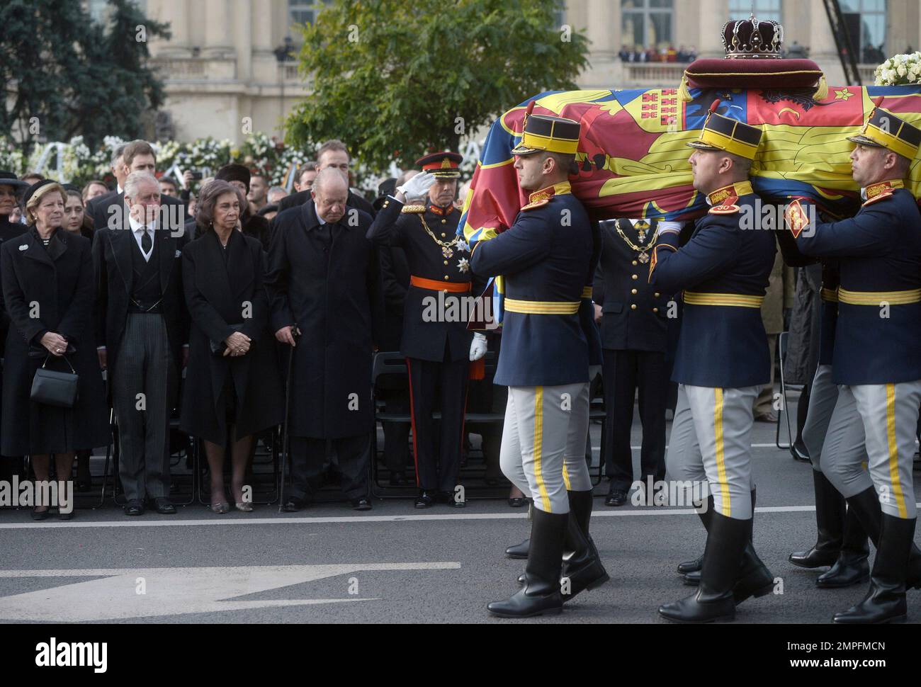 Honor guard soldiers carry the coffin of the late Romanian King Michael ...