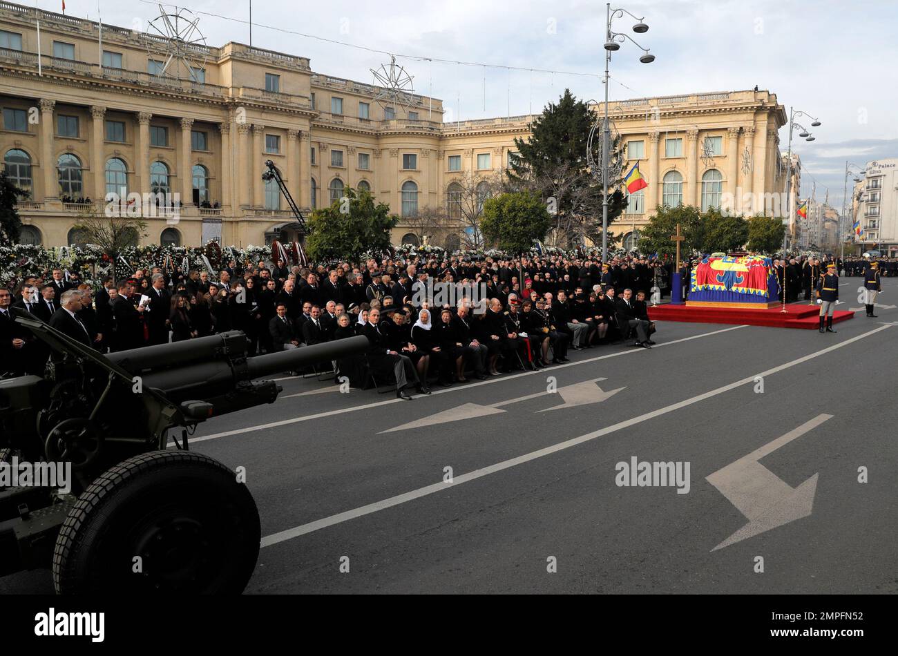 Honor guard next to the coffin of the late Romanian King Michael during ...