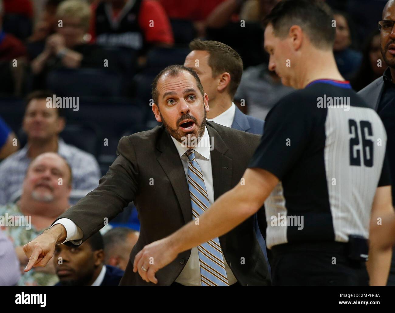 Orlando Magic head coach Frank Vogel complains to referee Pat Fraher ...