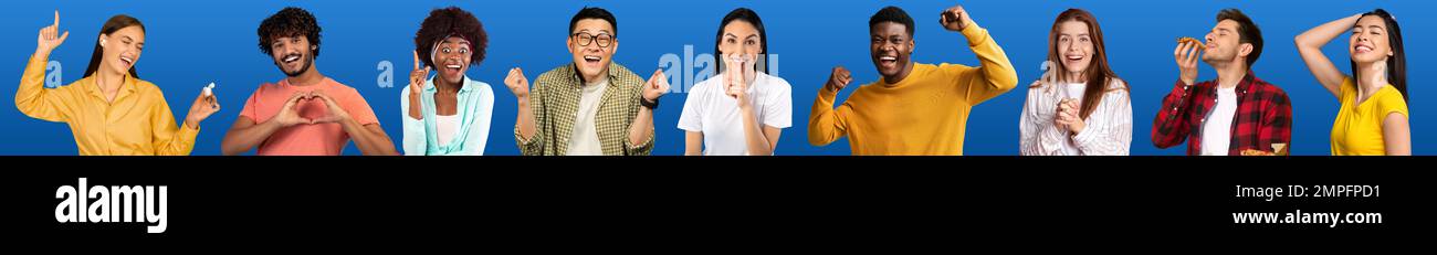 Collection of positive multicultural men and women posing on blue Stock ...