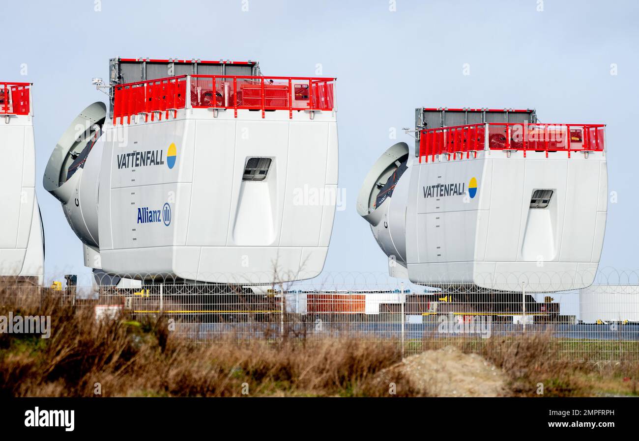 Cuxhaven, Germany. 31st Jan, 2023. Assembled nacelles for offshore wind ...