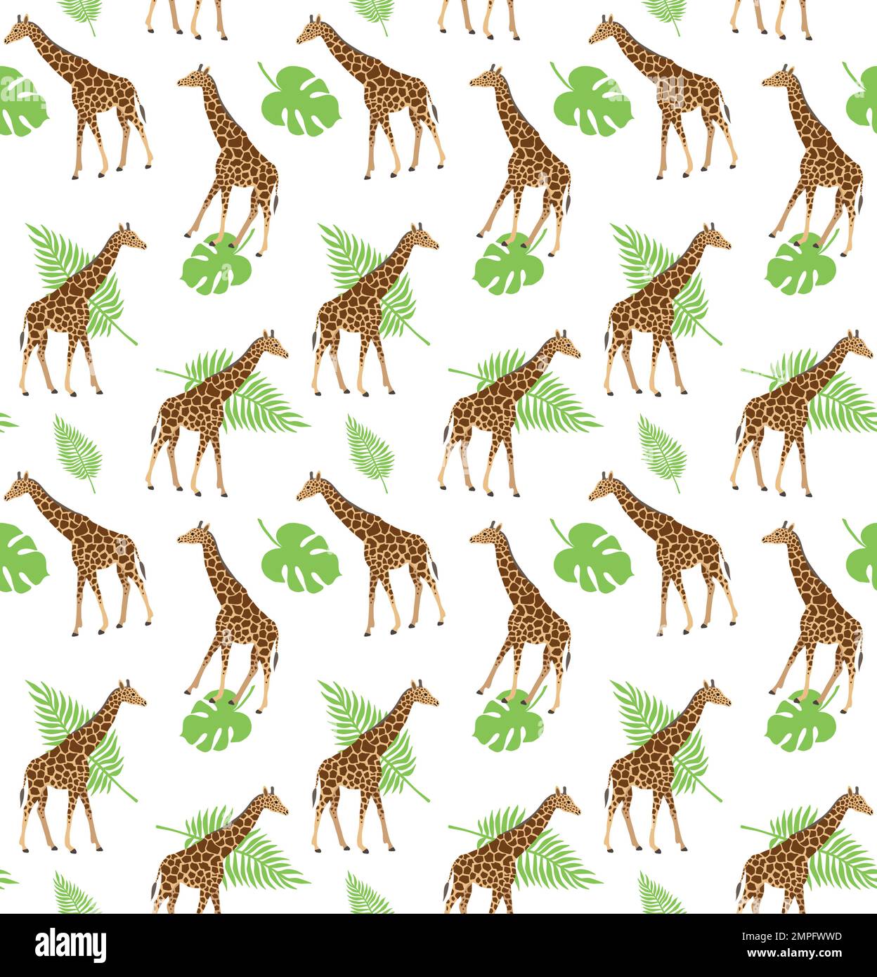 Vector seamless pattern of flat hand drawn giraffe and palm leaves ...