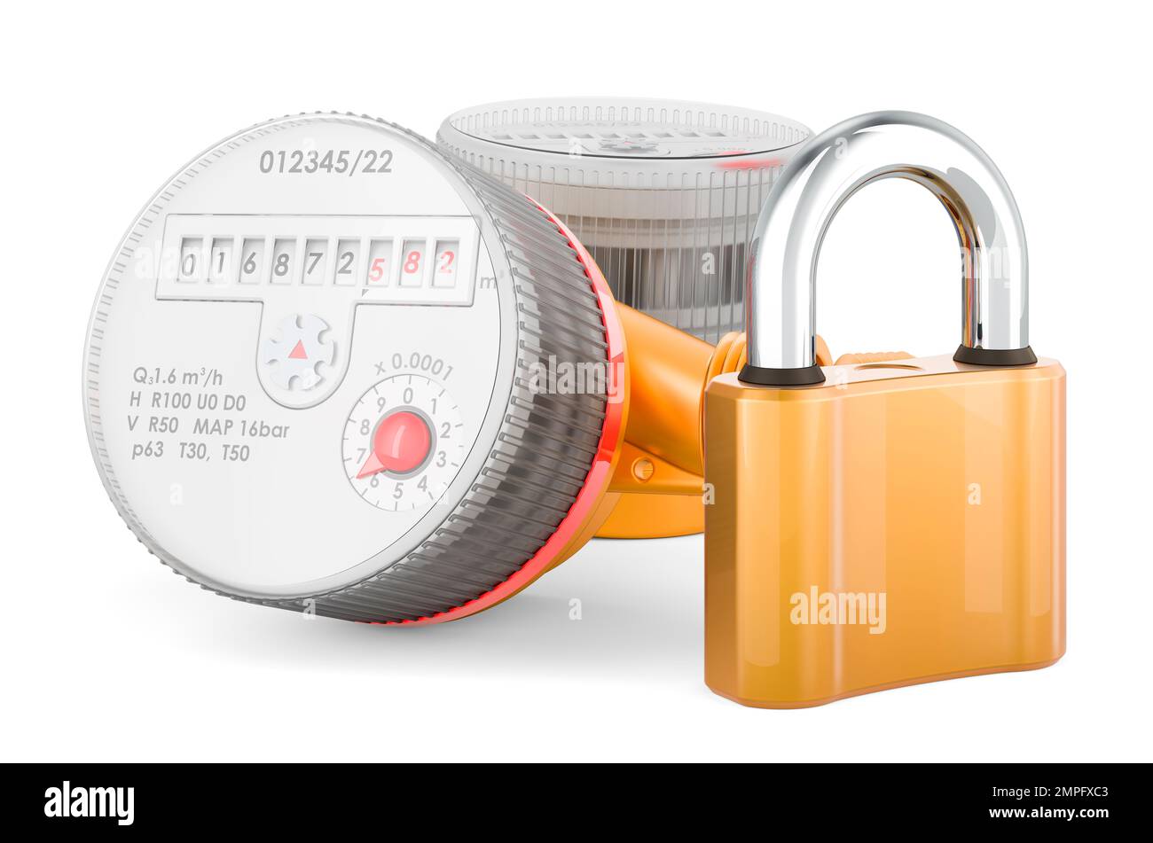 Cold and hot water meters with padlock, 3D rendering isolated on white ...
