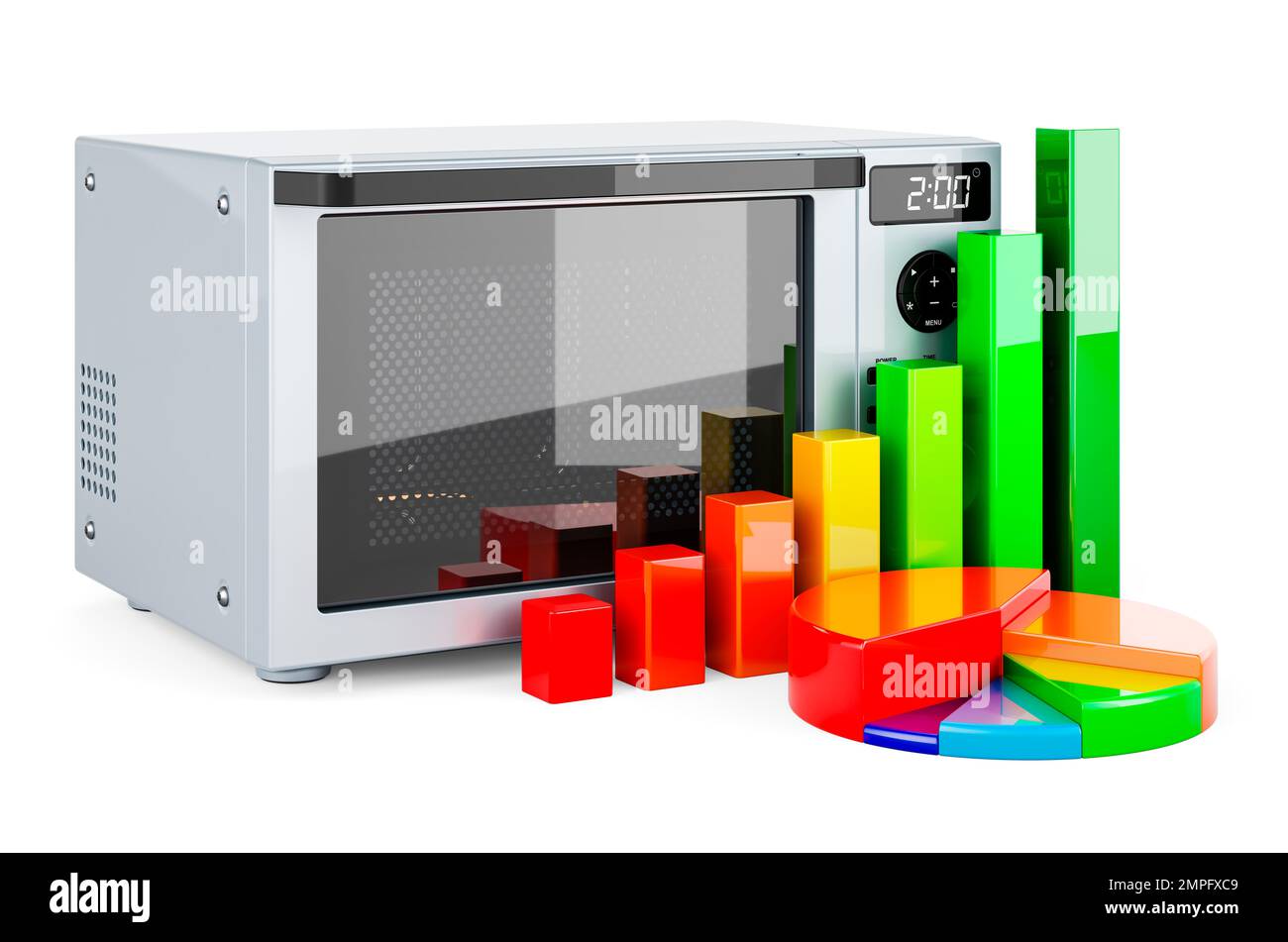 Combination oven, microwave with growth bar graph and pie chart. 3D ...