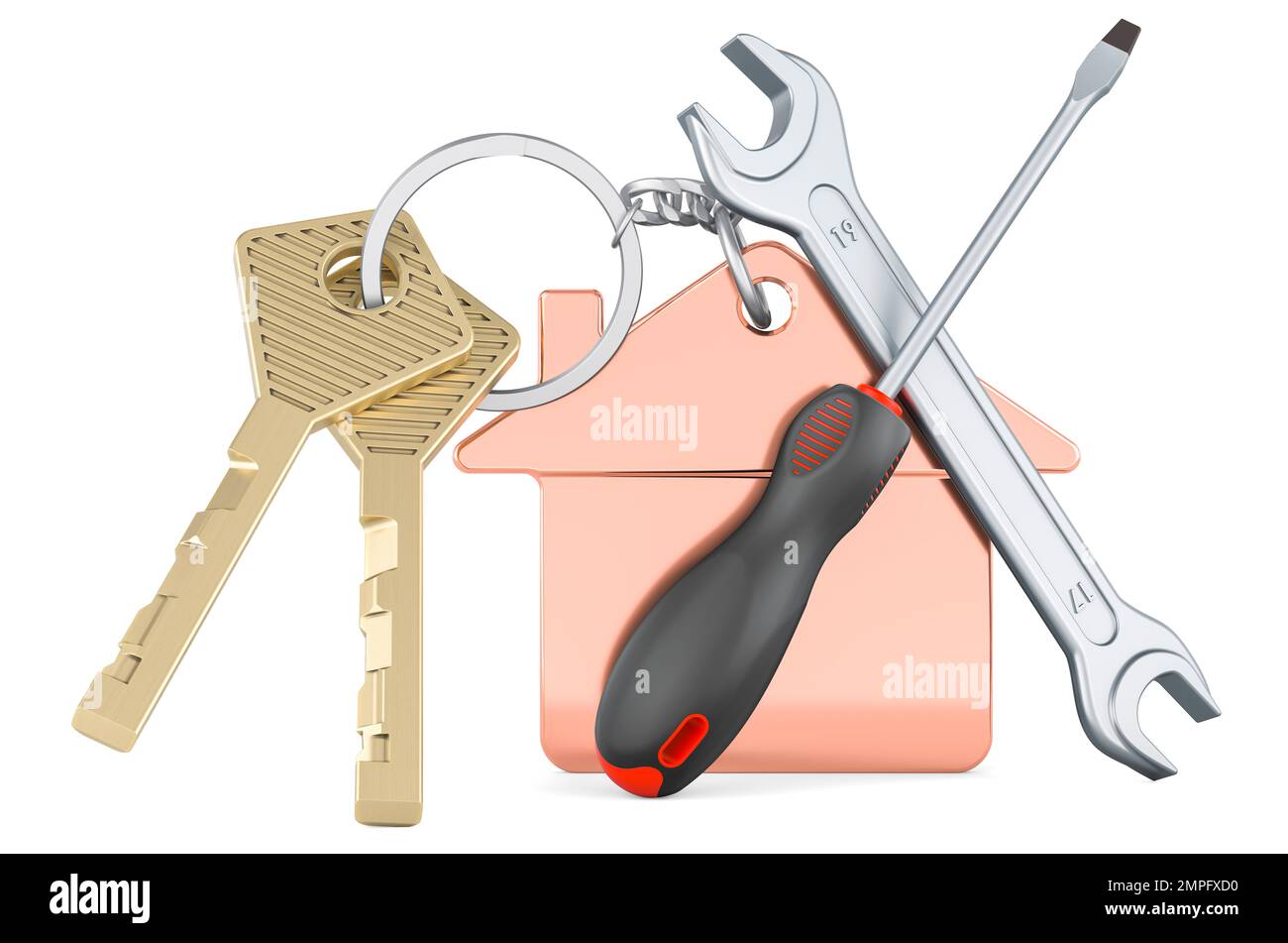 Home key with keychain with screwdriver and wrench, 3D rendering ...