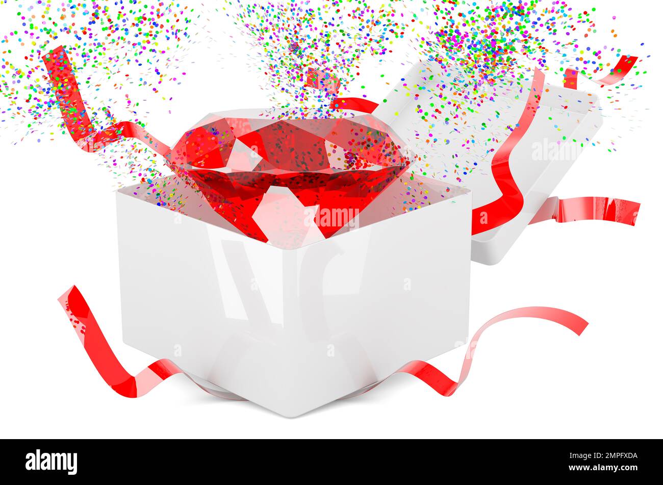 Red gem inside gift box, gift concept. 3D rendering isolated on white ...