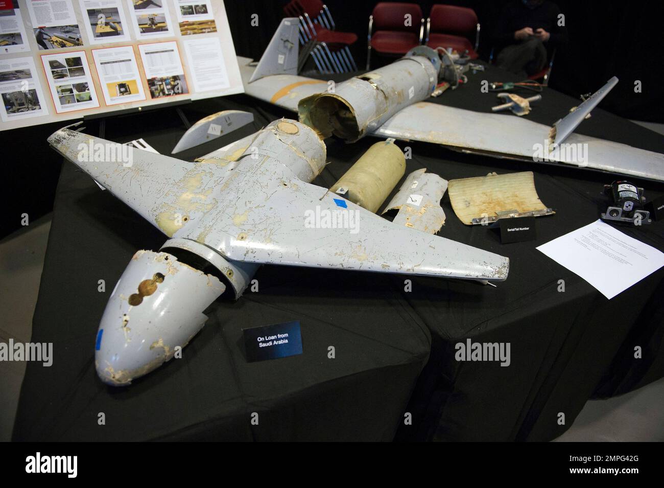 The remains of an Iranian Qasef-1 Unmanned Aerial Vehicle, used as a ...