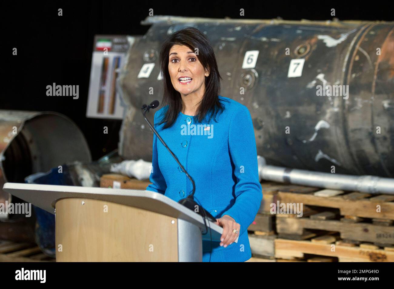 U.S. Ambassador to the U.N. Nikki Haley speaks in front recovered ...