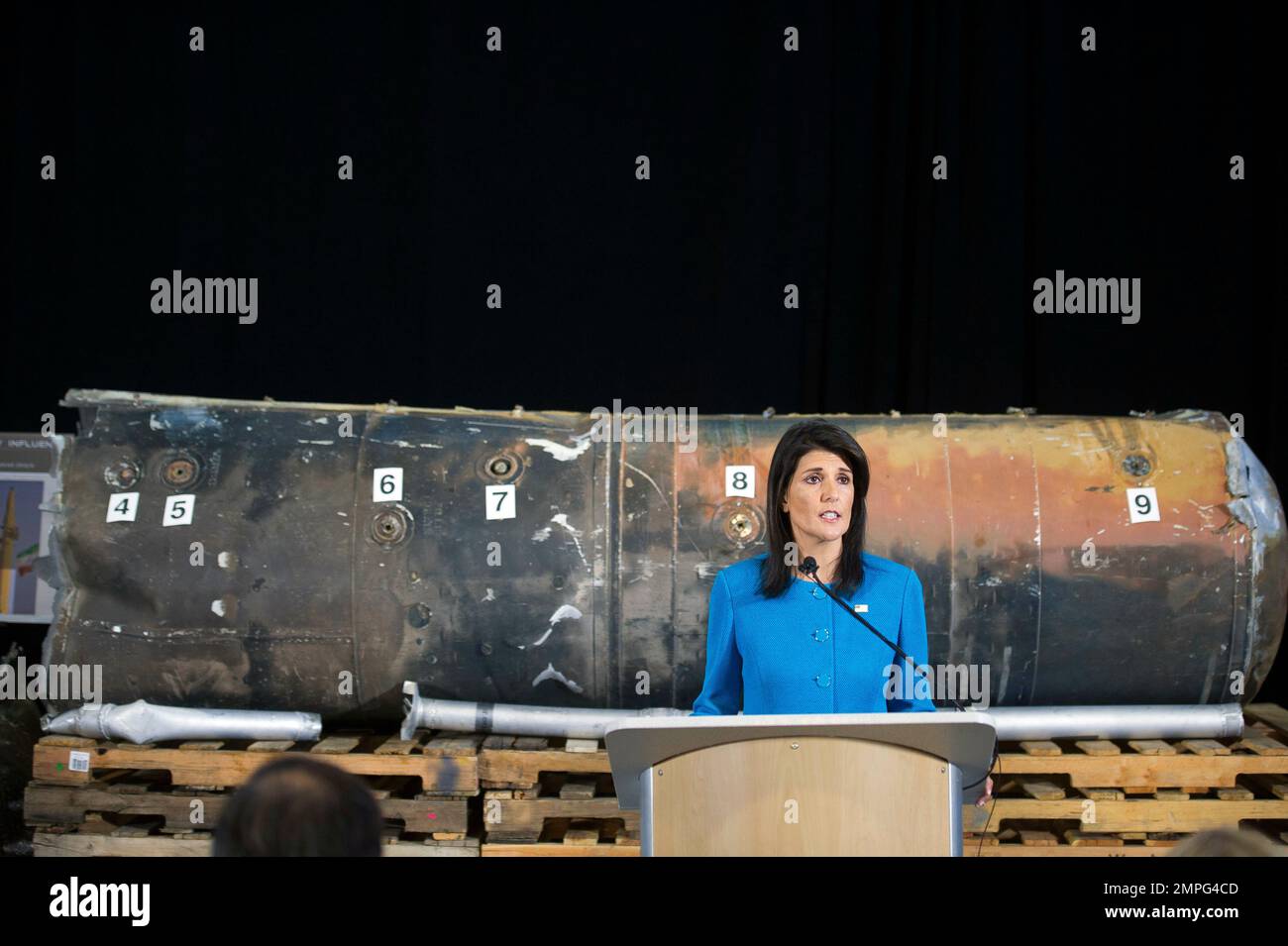 U.S. Ambassador to the U.N. Nikki Haley speaks in front recovered ...