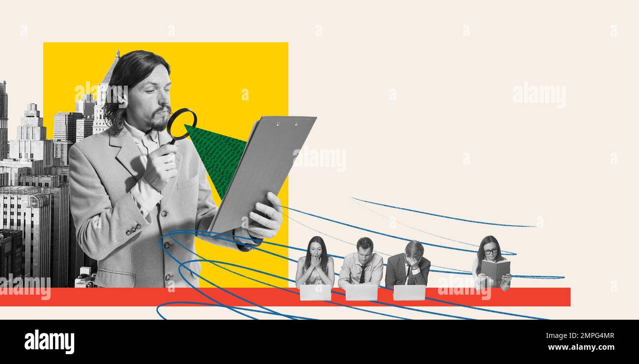 Contemporary art collage. Conceptual design. Hiring. Boss looking on ...