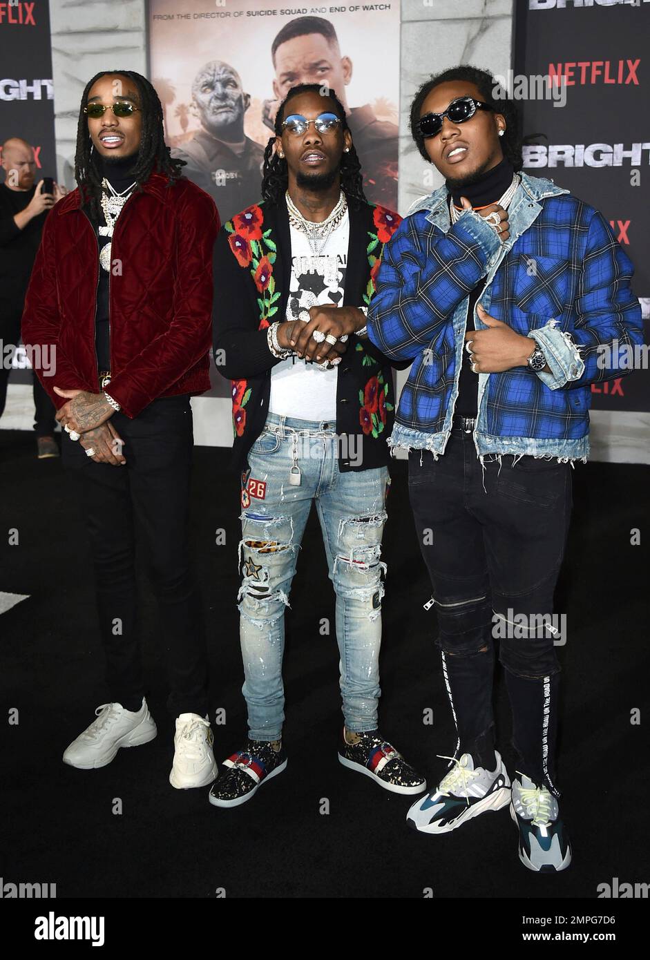 Quavo, from left, Offset and Takeoff, of Migos, arrive at the U.S ...