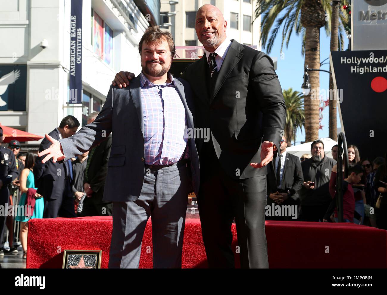 Jack Black, left, and Dwayne Johnson pose for a photo at the Dwayne ...