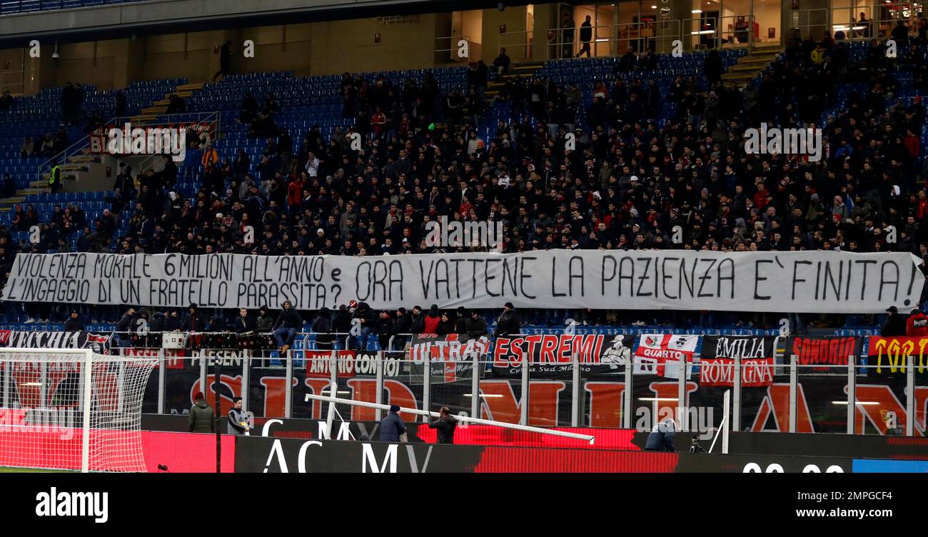 AC Milan fans display a banner during the Italian Cup soccer match ...