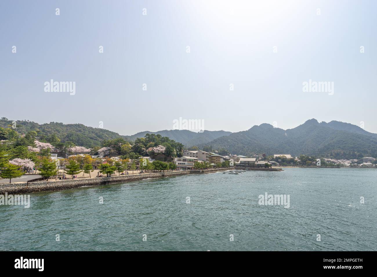 Beautiful scenic of the bay with the green mountain behind at Miyajima ...