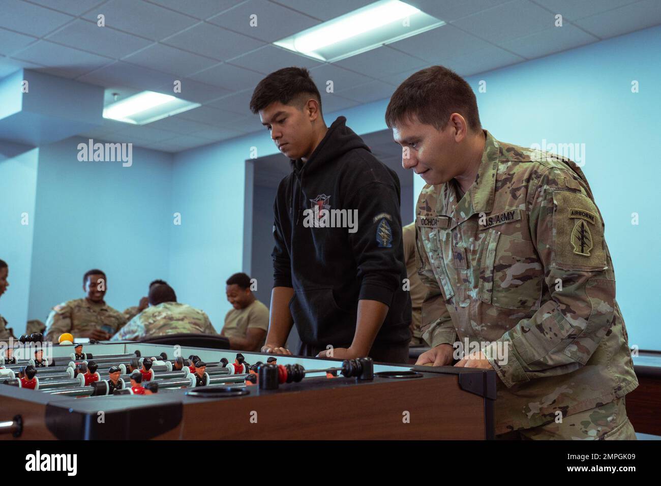 Soldiers at 7th Special Forces Group (Airborne) play foosball in the ...