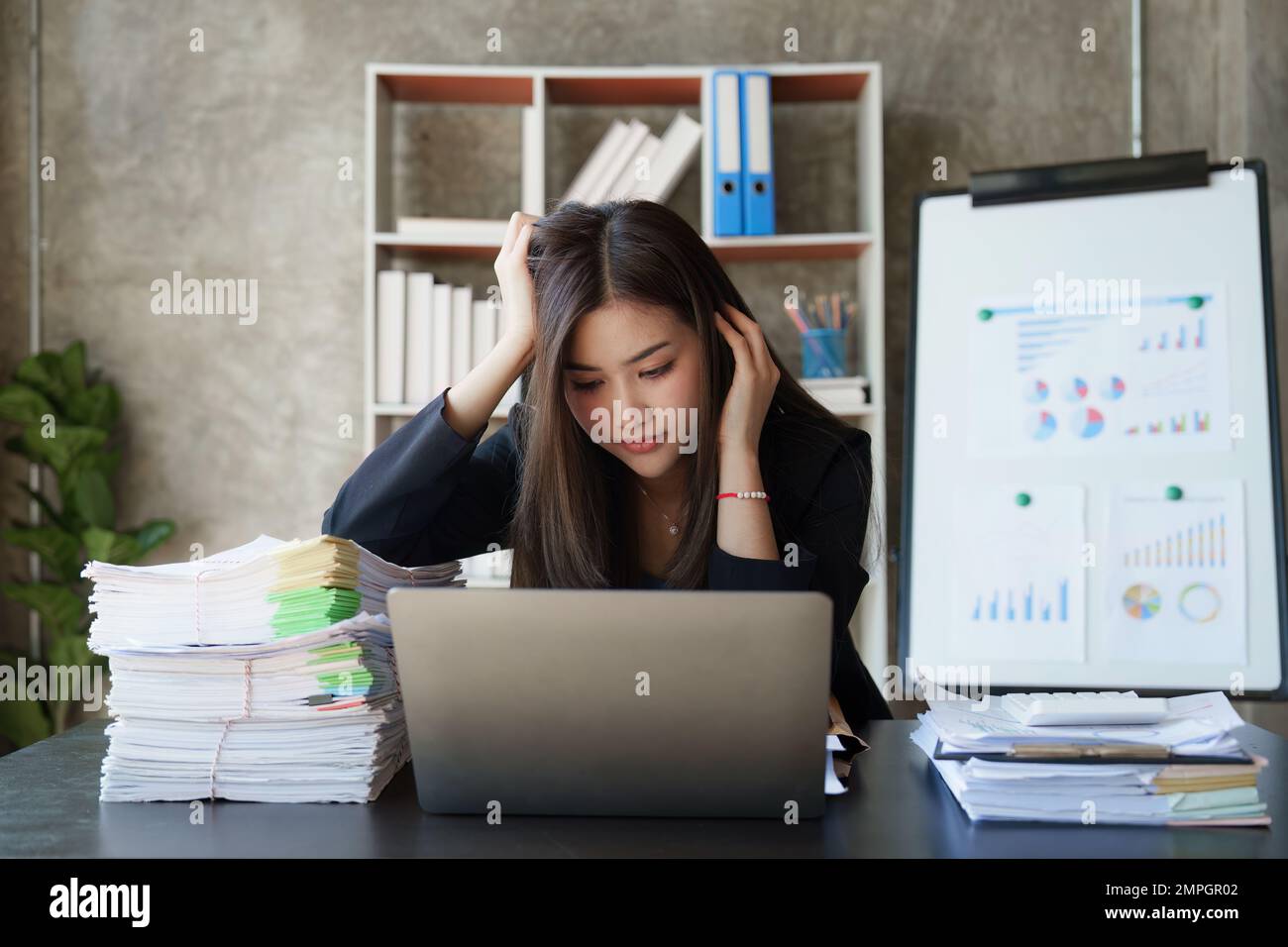 Stressed overwhelmed business person feels tired at corporate meeting ...