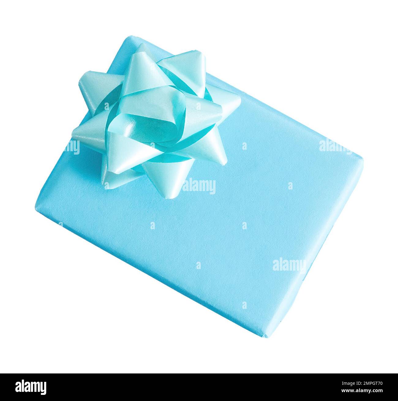 A closeup shot of a light blue gift box with blue bow isolated on white ...