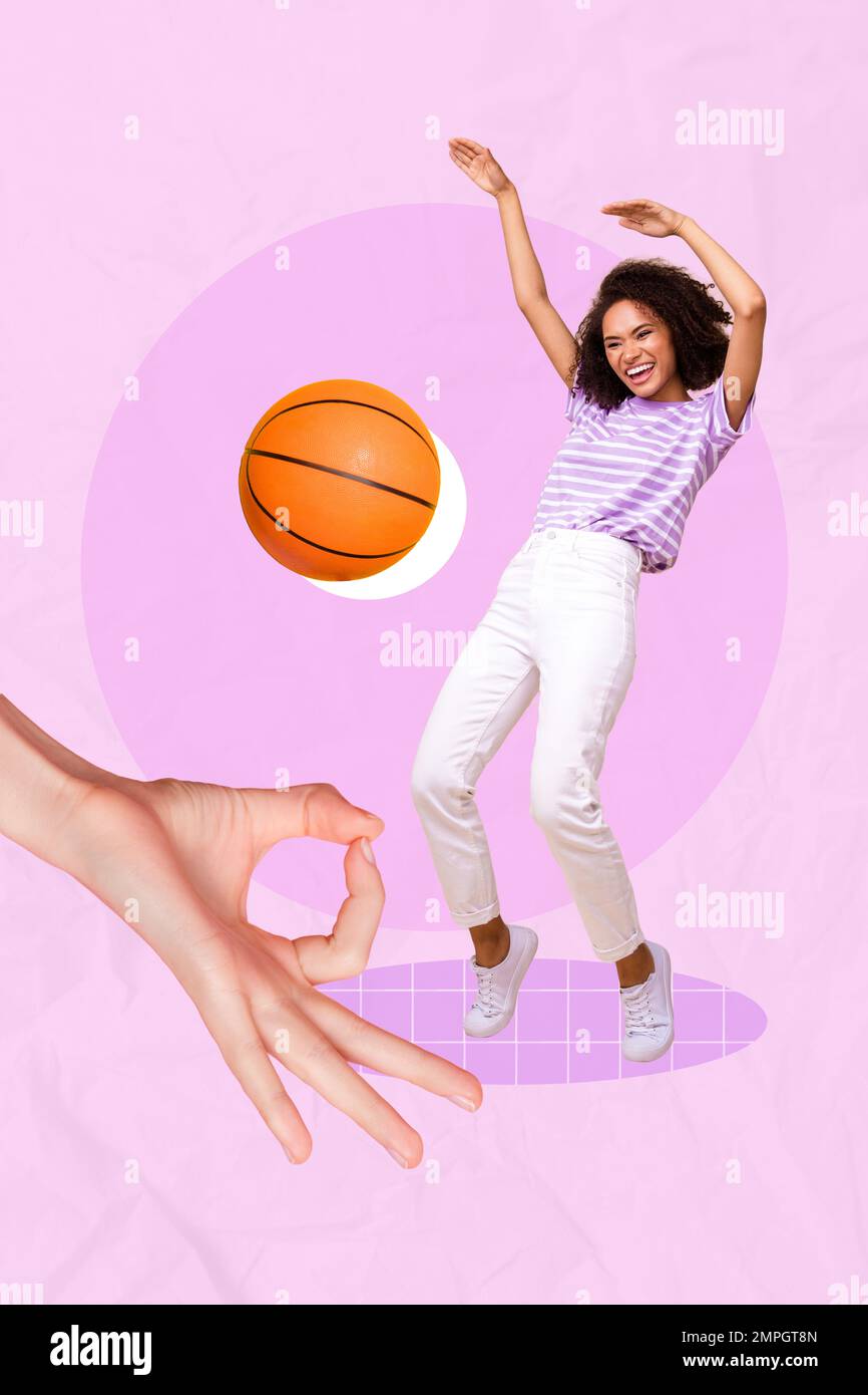Vertical collage picture of excited cheerful girl throw basketball big ...