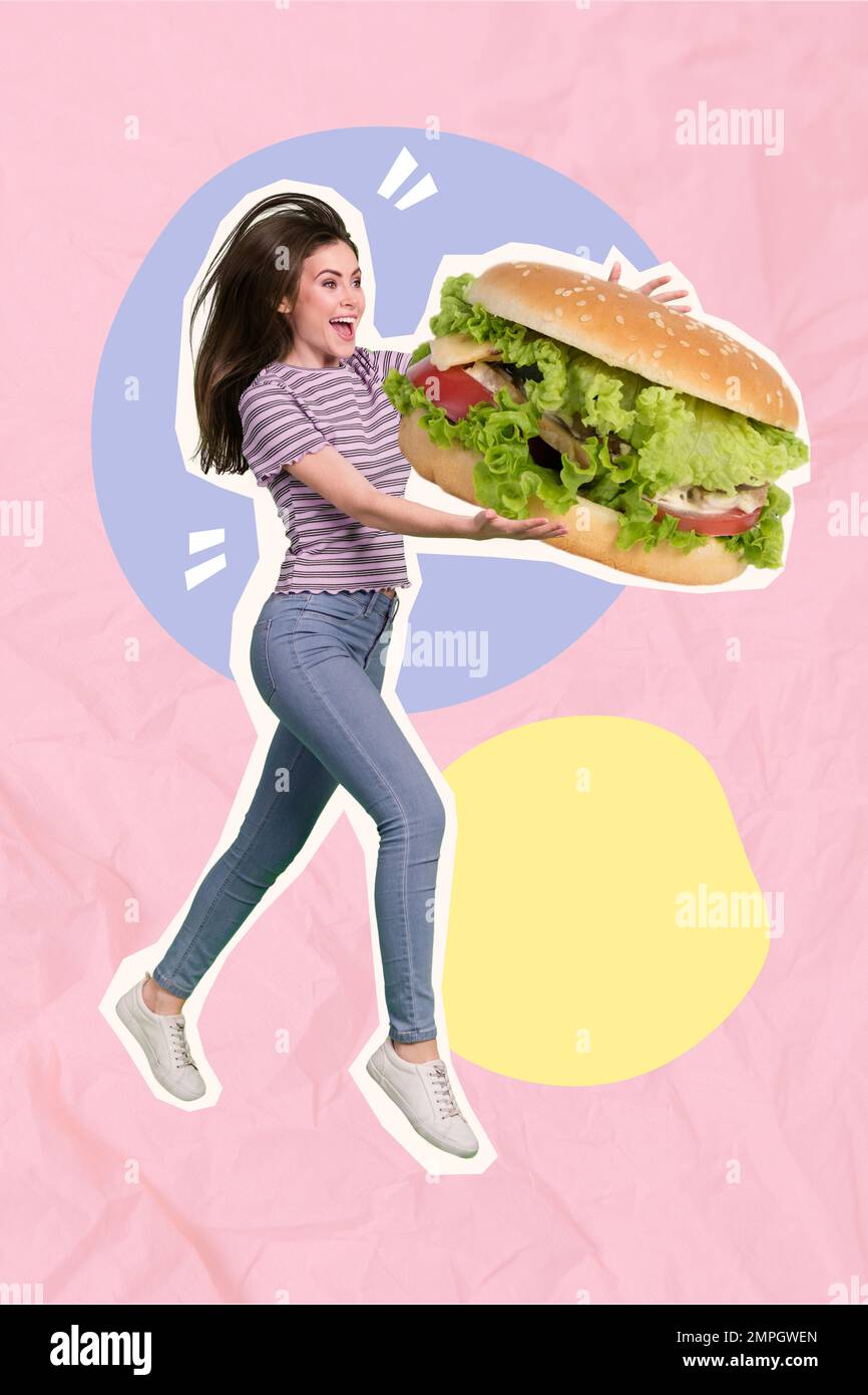 Vertical collage image of excited girl hands hold huge burger running ...