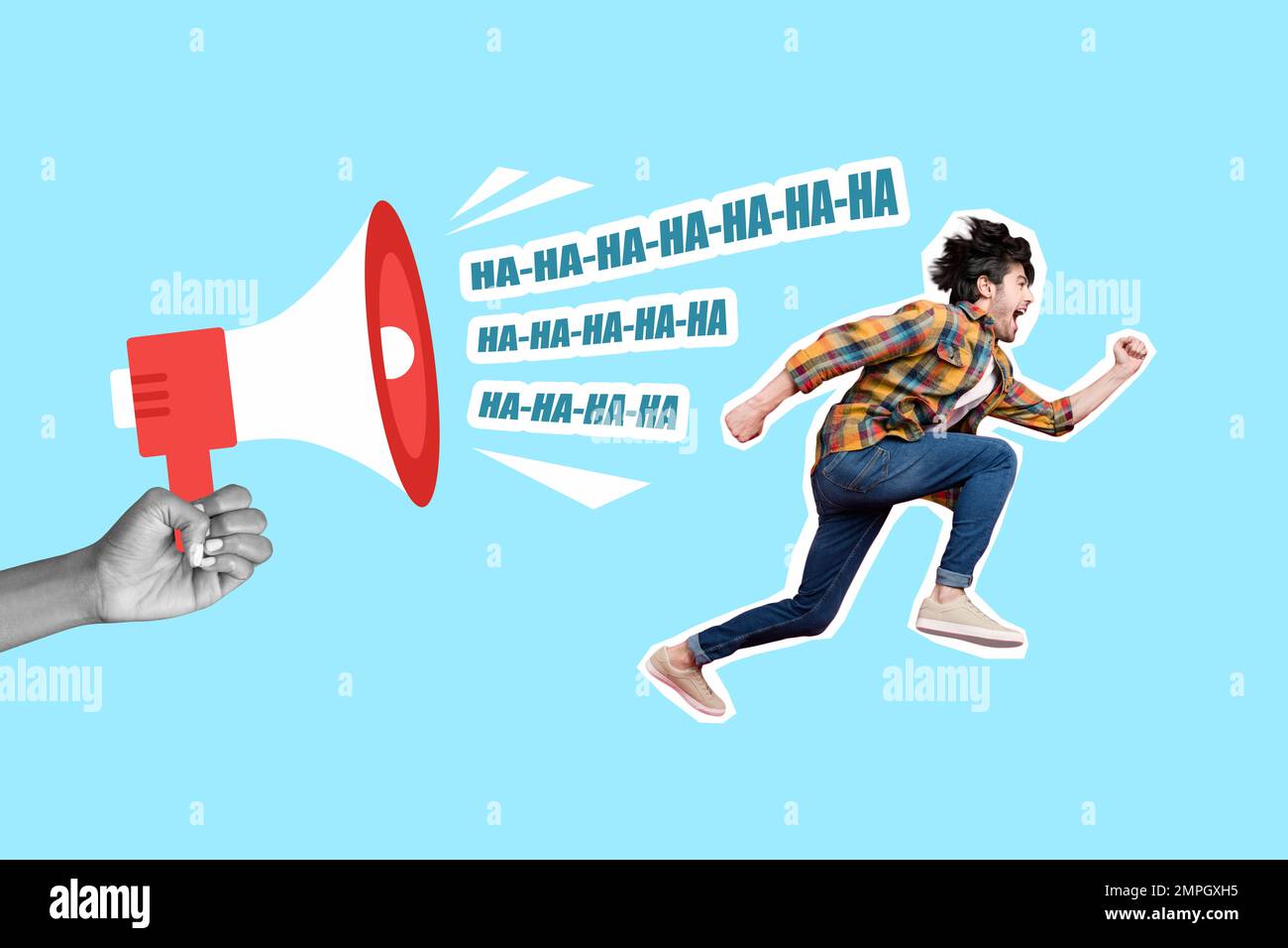 Creative surreal trend magazine collage of frustrated young guy loud ...