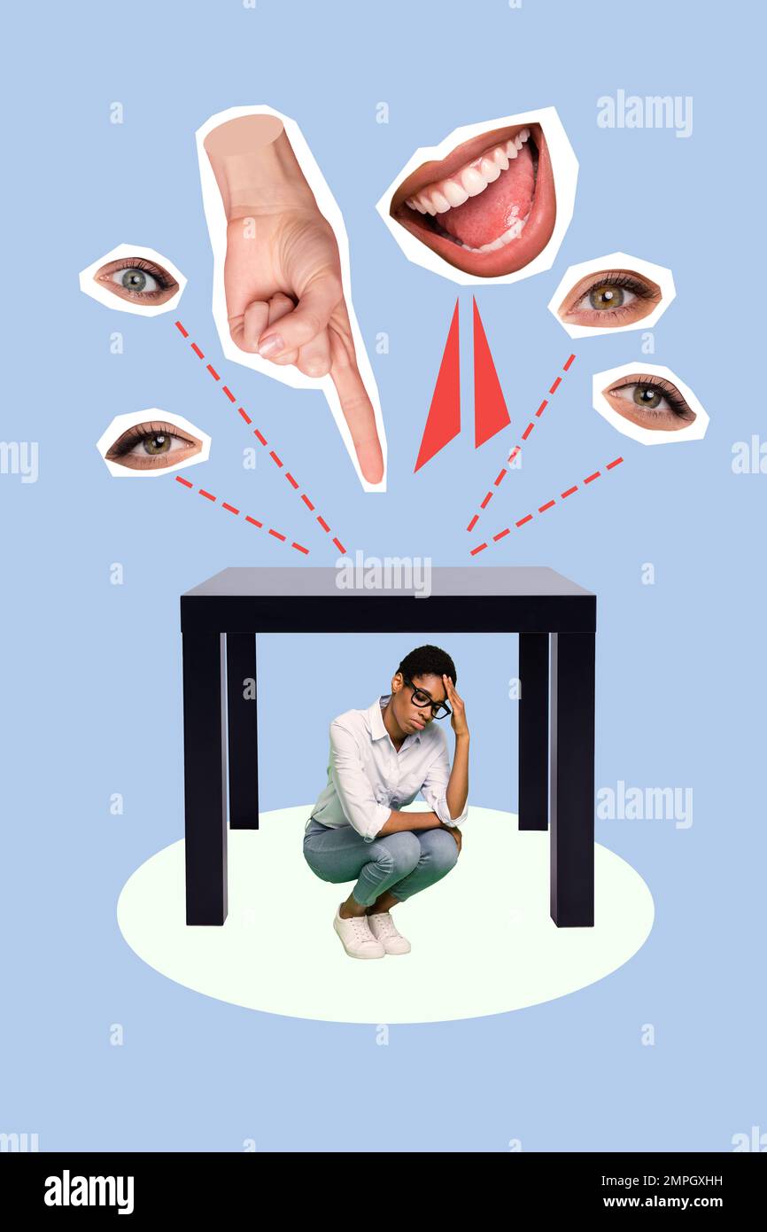 Vertical collage image of mini person hide under table big arm point ...