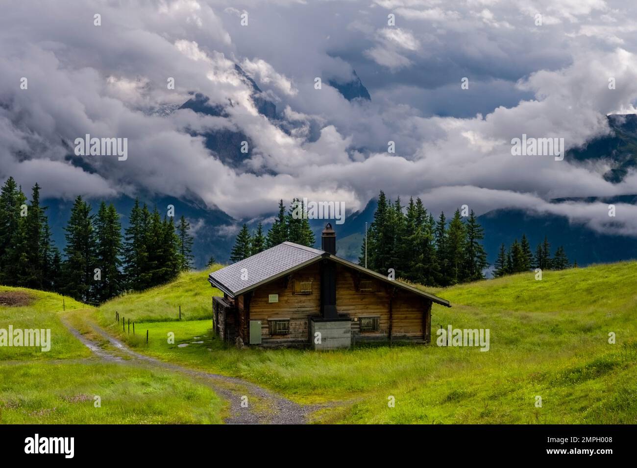 A farmhouse in an agricultural landscape, the opposite mountains of the ...