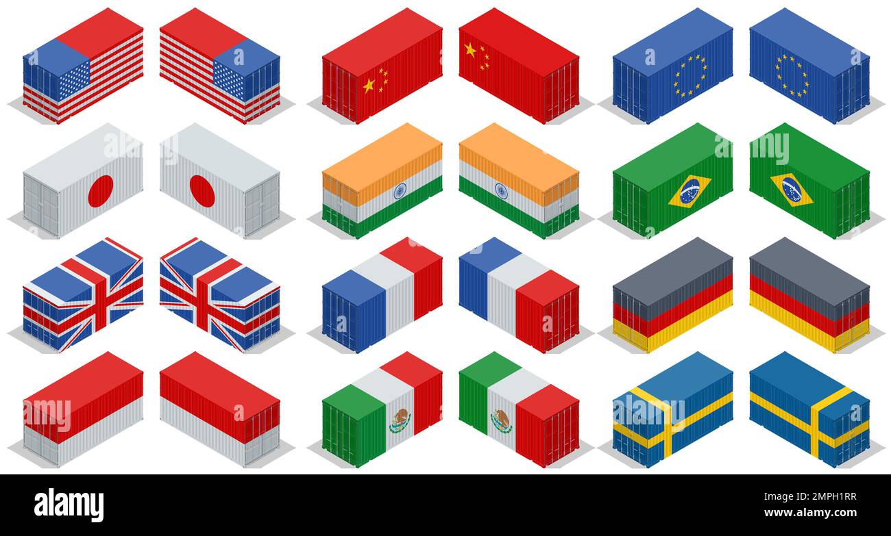 Isometric shipping container with flag of the United States, India ...