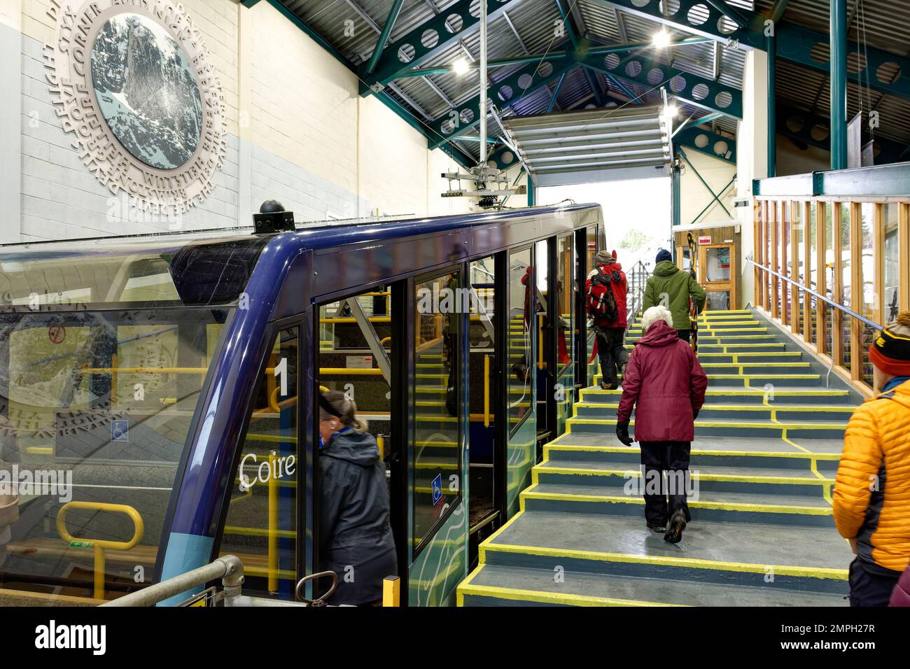 Cairngorm Mountain Funicular Railway Aviemore Scotland passengers boarding the train at base ...