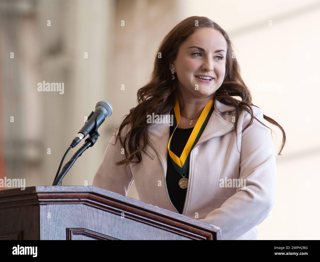Natasha Boyd, daughter of Chief Master Sergeant Marvin Boyd, delivers ...