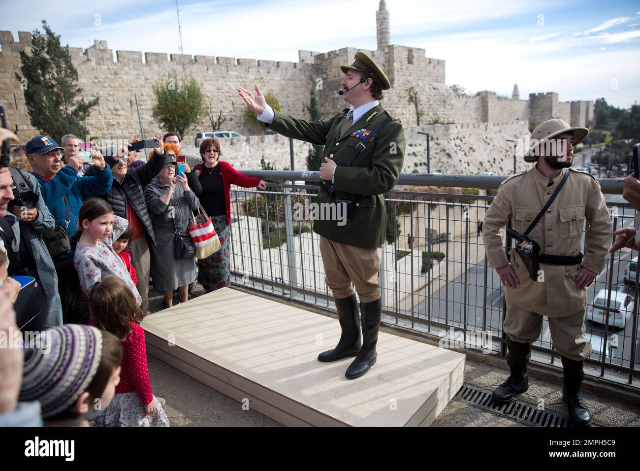 An actor dressed as General Edmund Allenby, left, takes part in the ...
