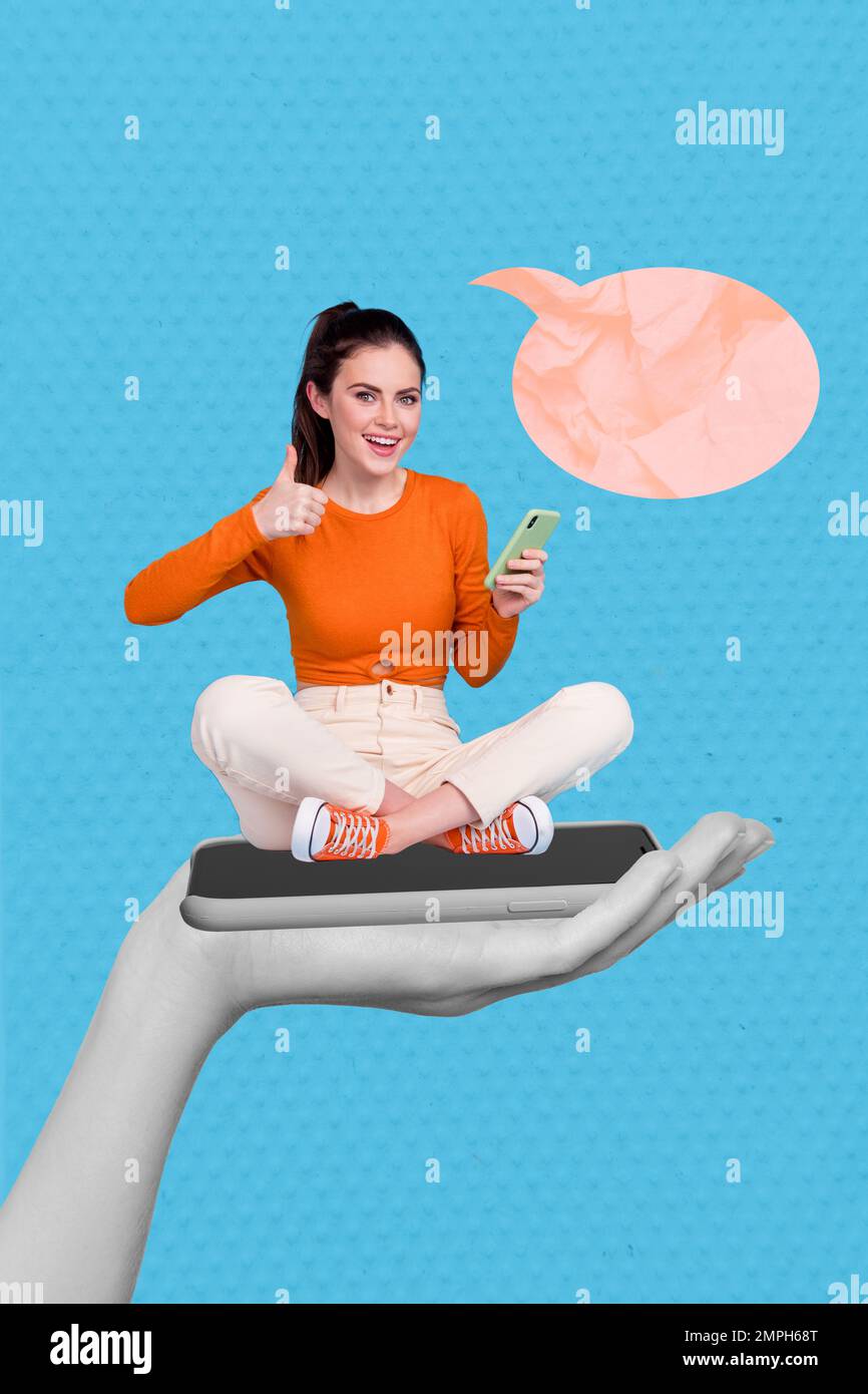 Vertical collage picture of arm palm hold telephone mini positive girl ...