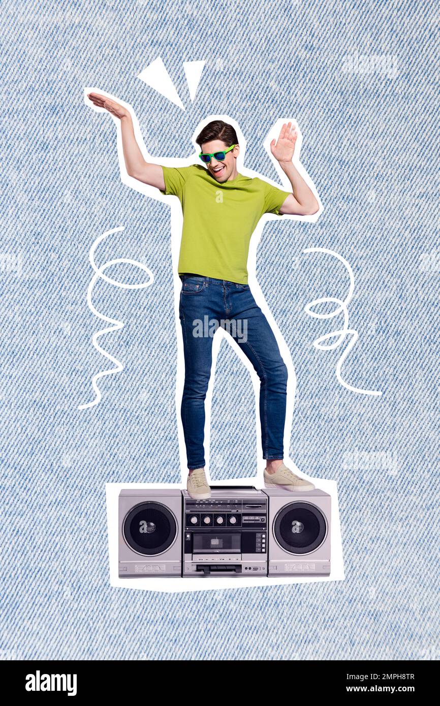 Vertical collage picture of excited mini guy stand huge boombox dancing ...