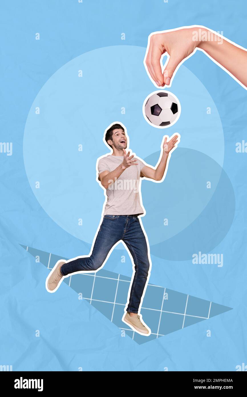 Creative magazine poster collage of funny young guy sportsman catch ...