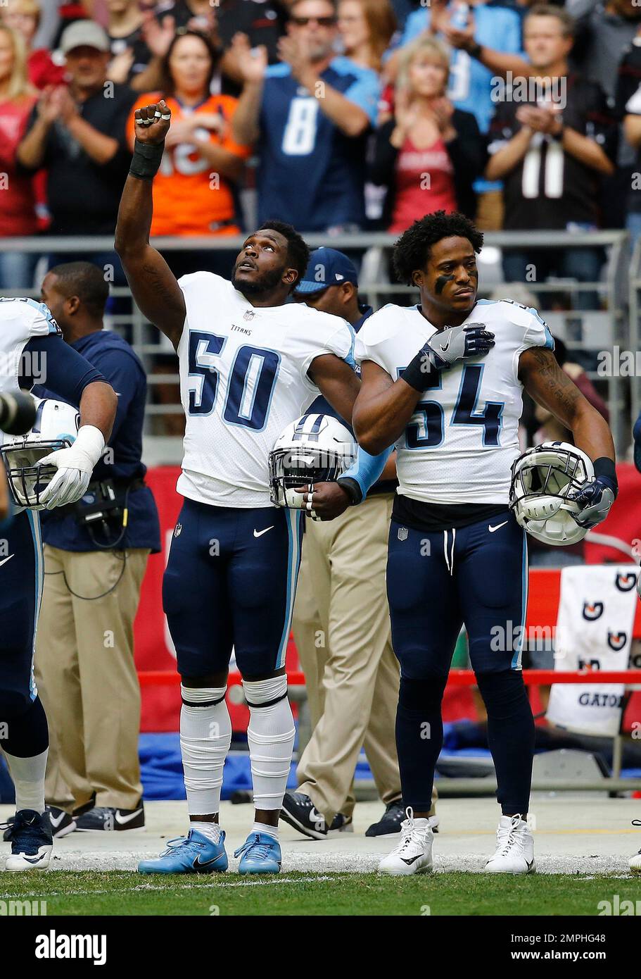 Tennessee Titans linebacker Nate Palmer (50) raises a fist during the ...