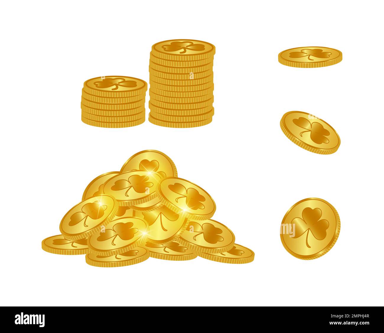 Pile and stack of gold coins with shamrock isolated on white. Coins ...