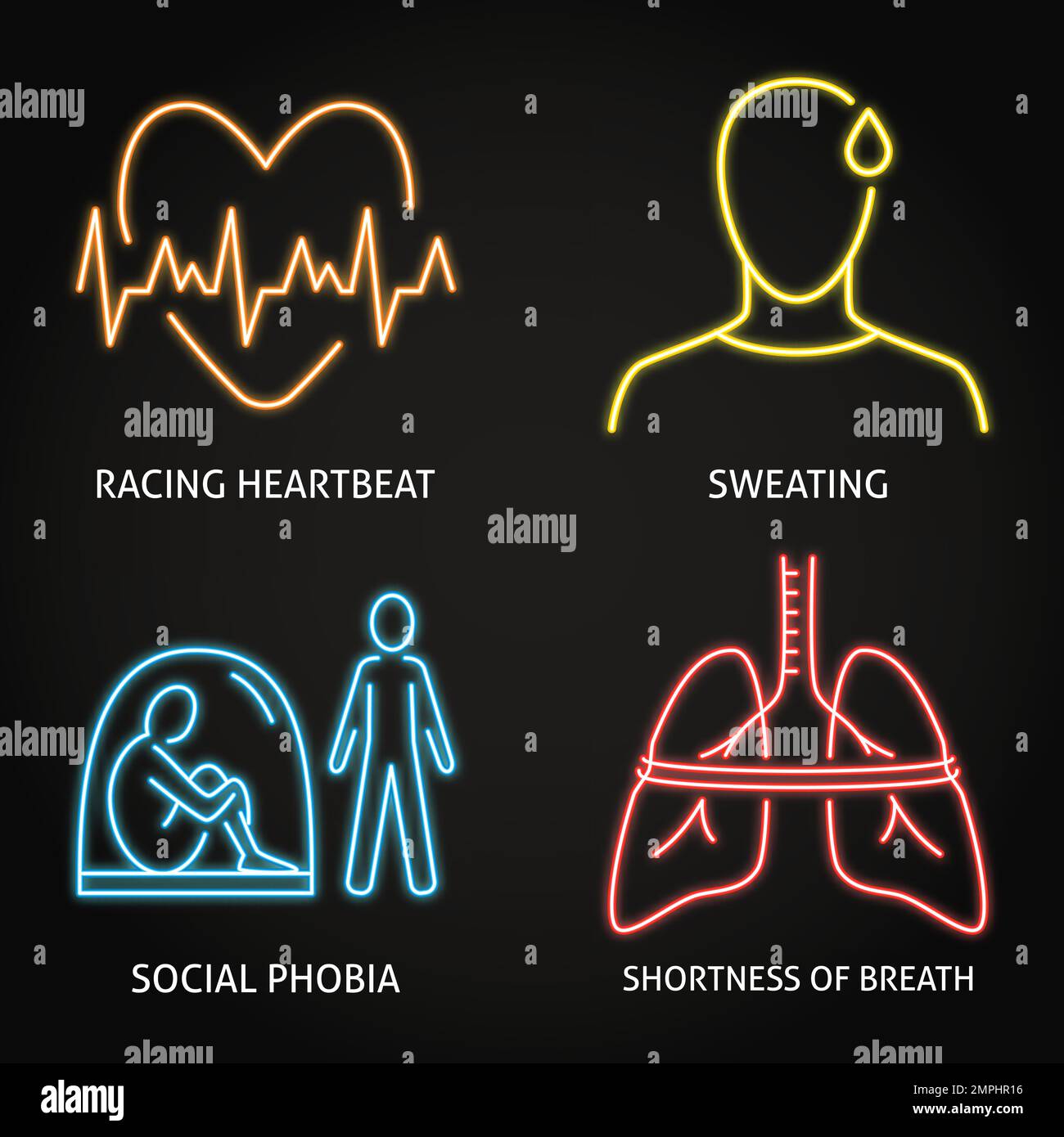 Neon stress and anxiety symptoms icon set. Vector illustration Stock ...