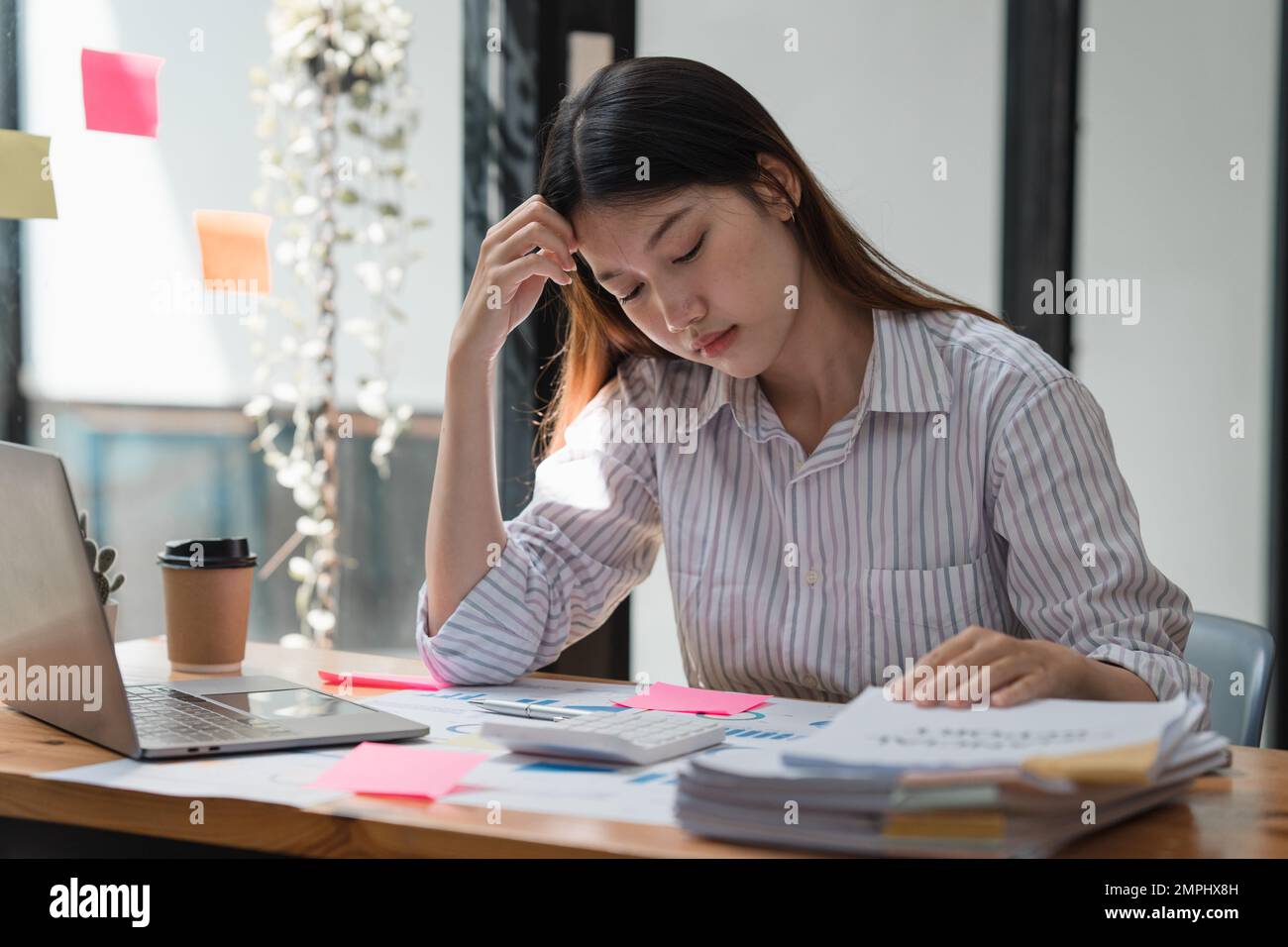 Stressed overwhelmed business person feels tired at corporate meeting ...