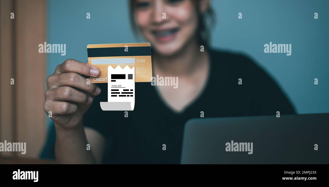 Woman enjoy with online shopping application and typing credit card for ...