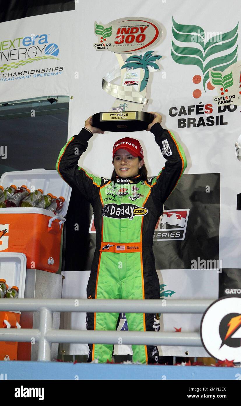 Indy Racing League driver Danica Patrick celebrates her second place ...
