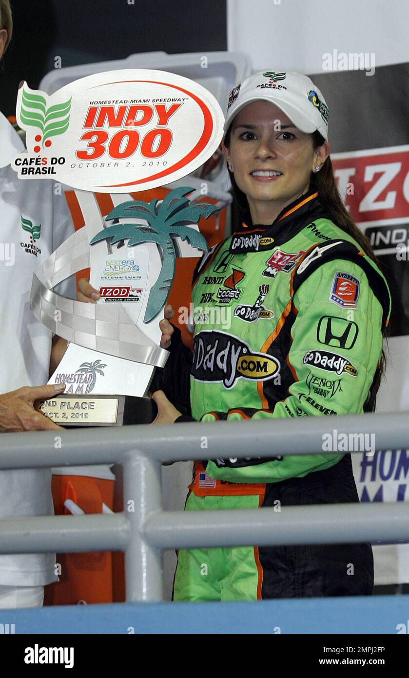 Indy Racing League driver Danica Patrick celebrates her second place ...